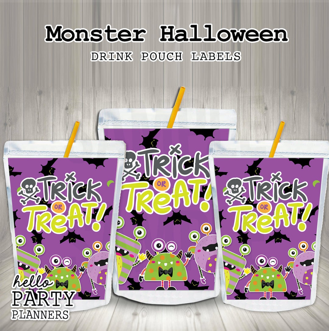 Halloween Fruit Juice Pouch Label, Monster Treat Label Template, Trick ...