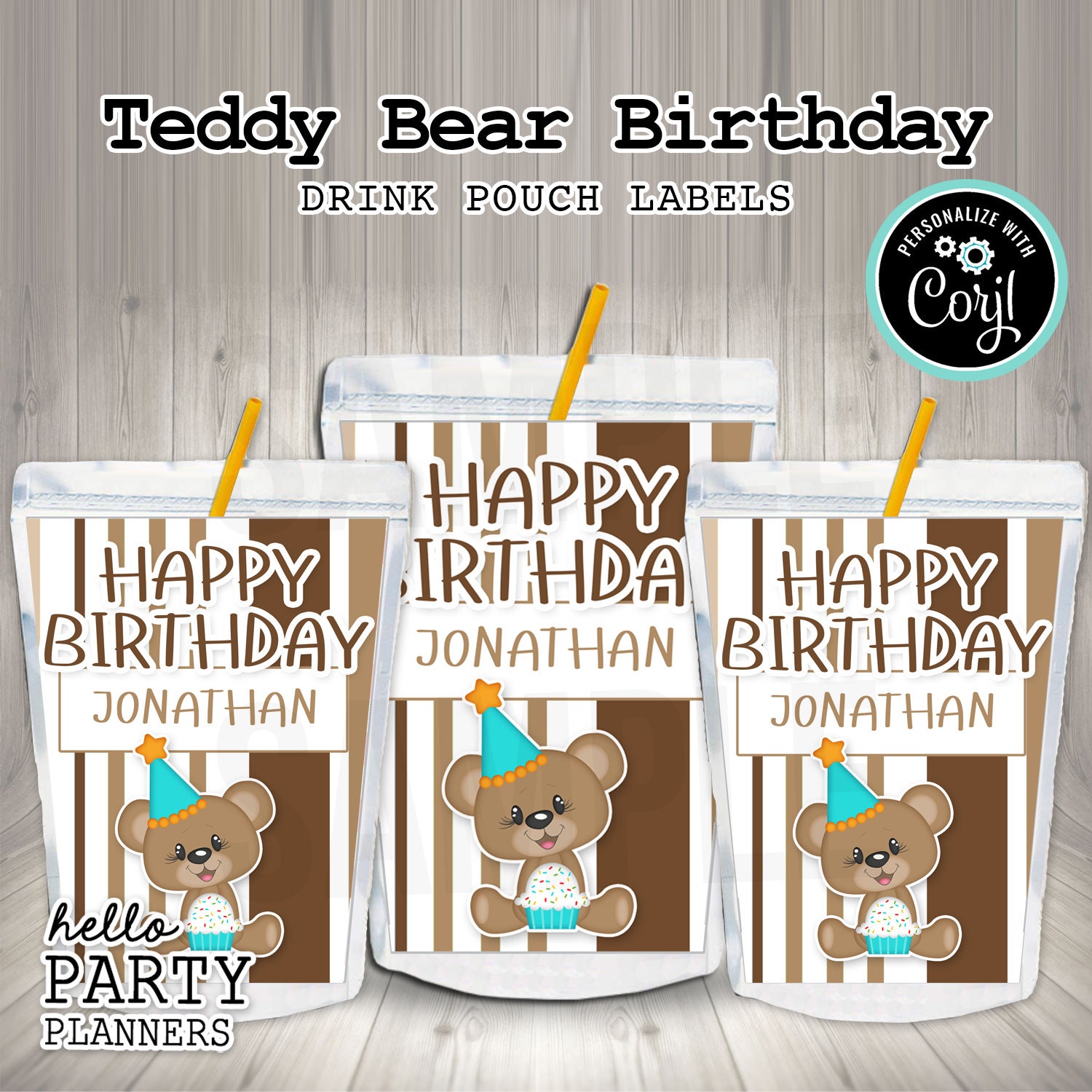 EDITABLE Teddy Bear Birthday Fruit Juice Pouch Label, Personalized ...