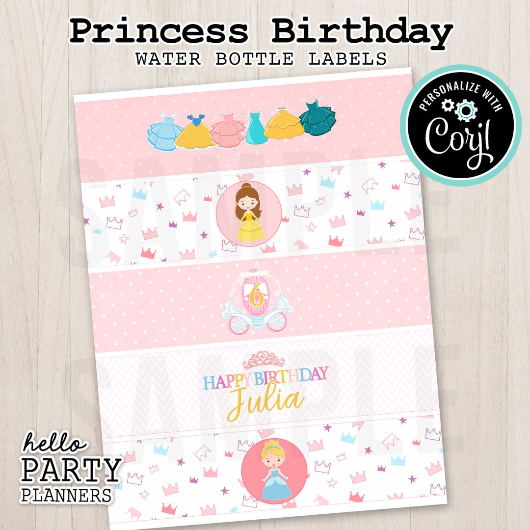 EDITABLE Princess Birthday Water Bottle Labels, Personalized Water ...