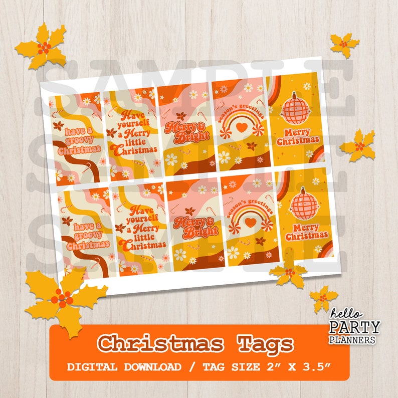 Groovy Retro Christmas Gift Tags, Printable Holiday Tags (digital ...