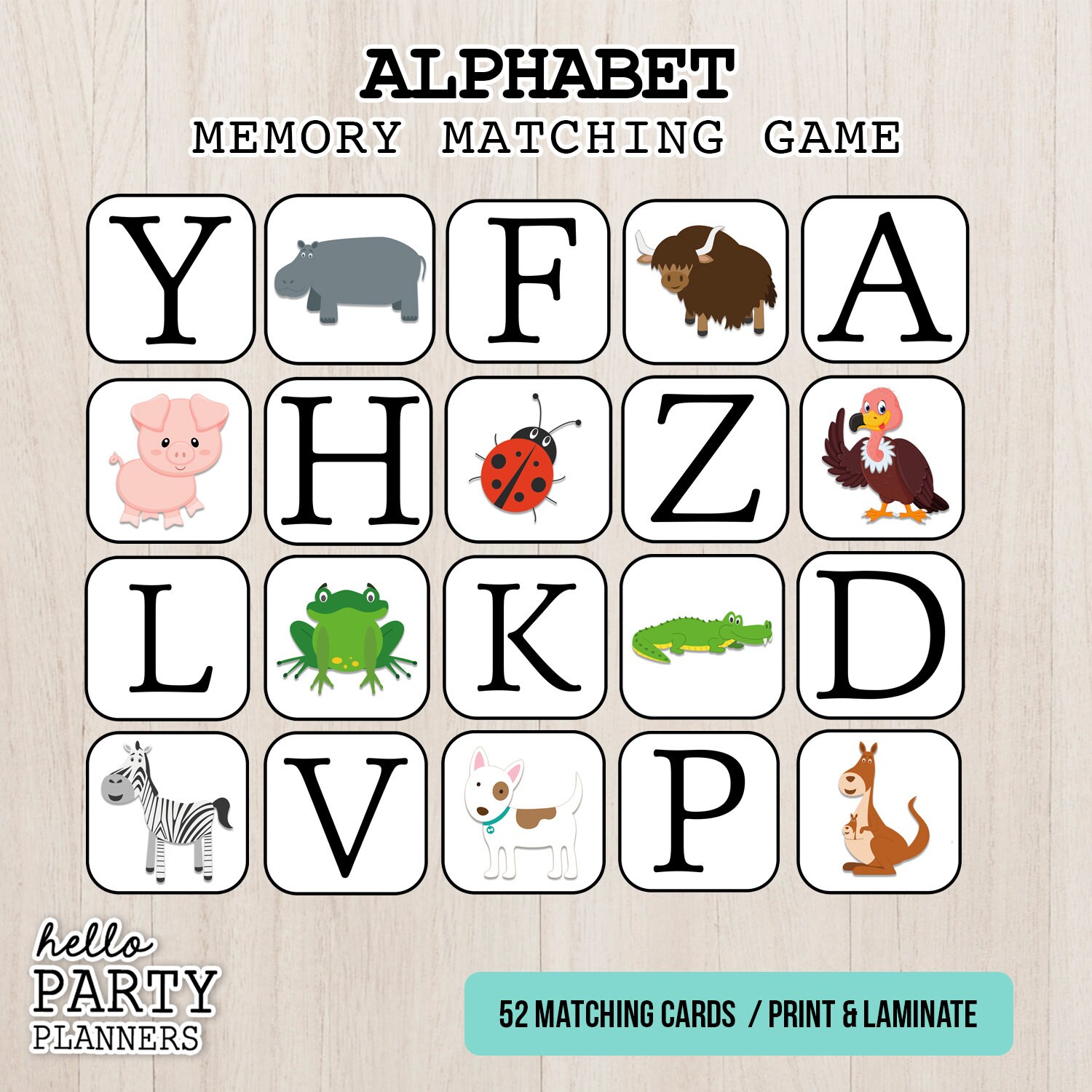 Alphabet Memory Matching Game Preschool Activity Printable ABC Animals ...