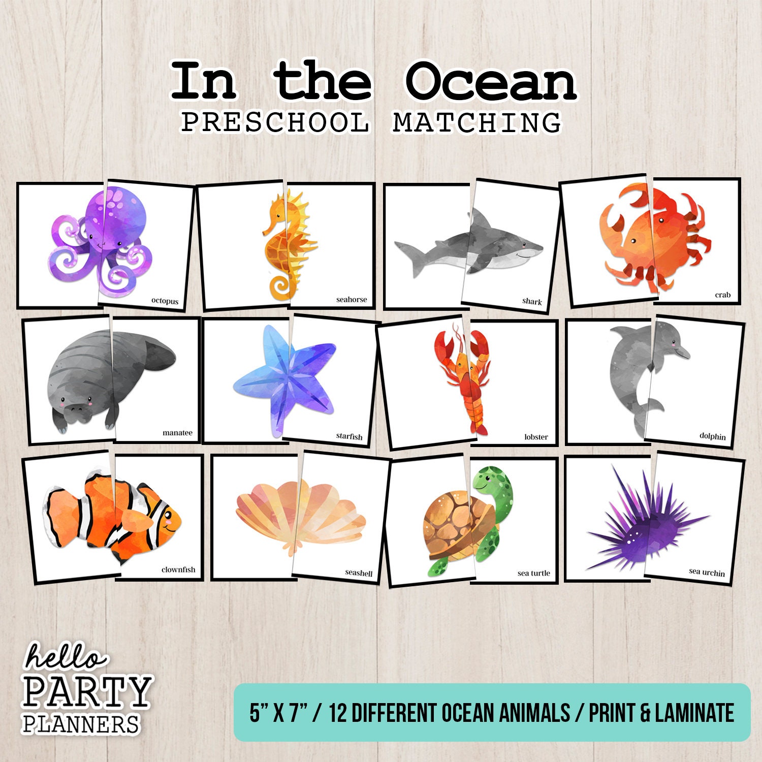 Ocean Animals Matching Game: Watercolor Preschool Activity (digital ...