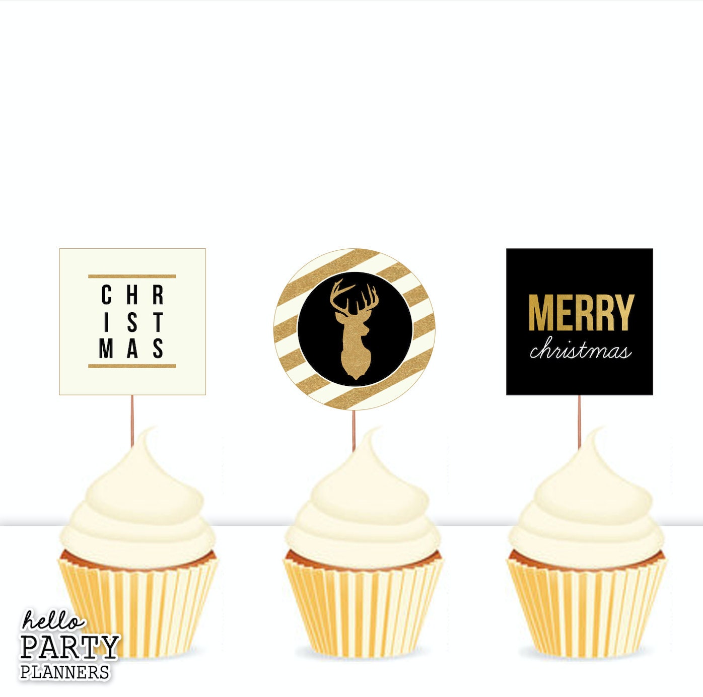 Christmas Cupcake Toppers, Christmas Party, Holiday Printable, Gold ...