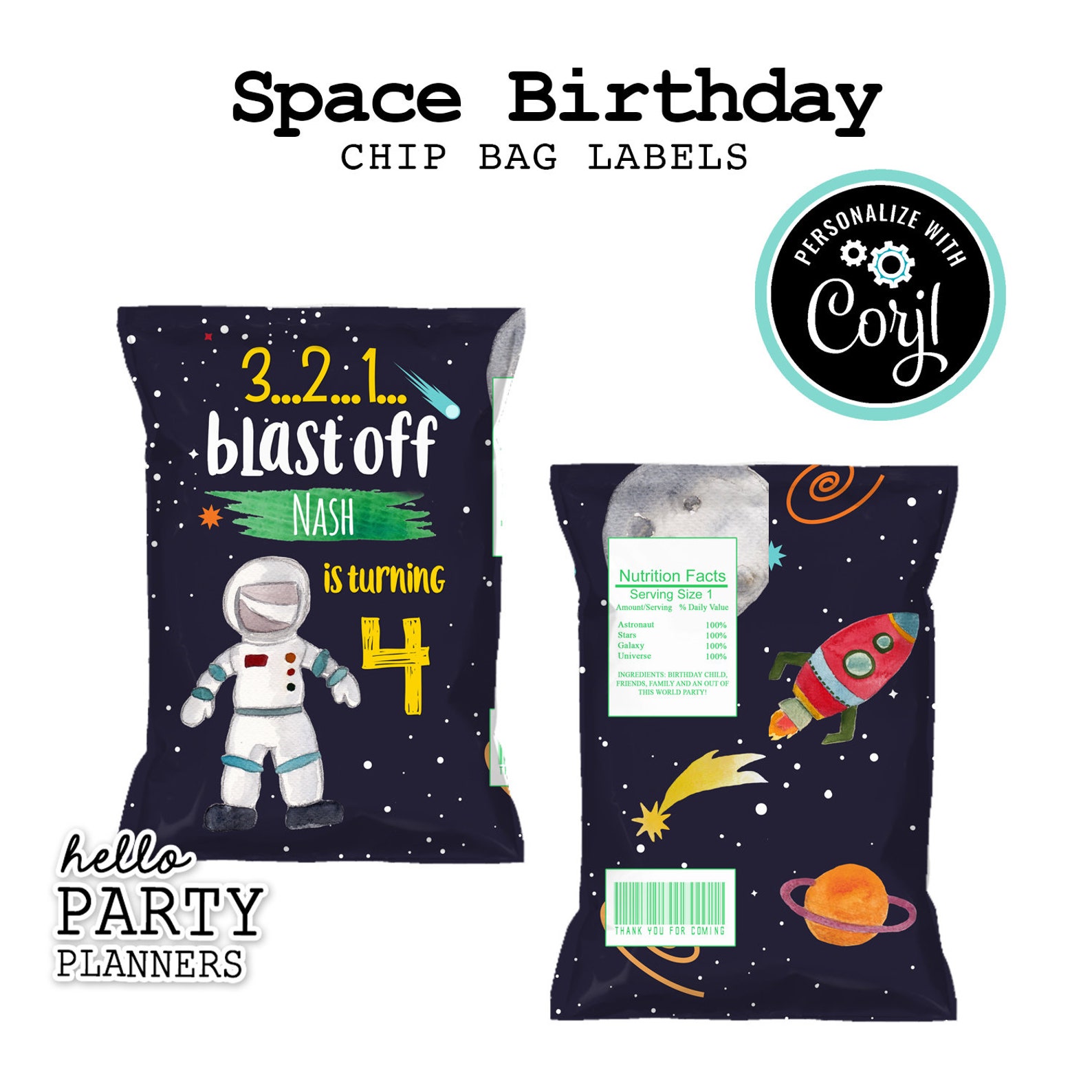 Editable Space Birthday Chip Bag Labels: Outer Space Party (instant ...