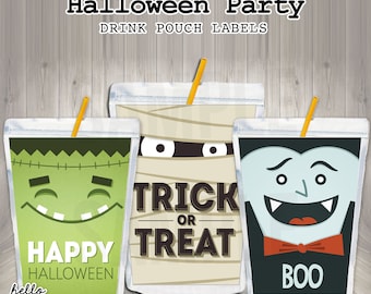 Halloween Fruit Juice Pouch Label, Monster Treat Label Template, Trick ...