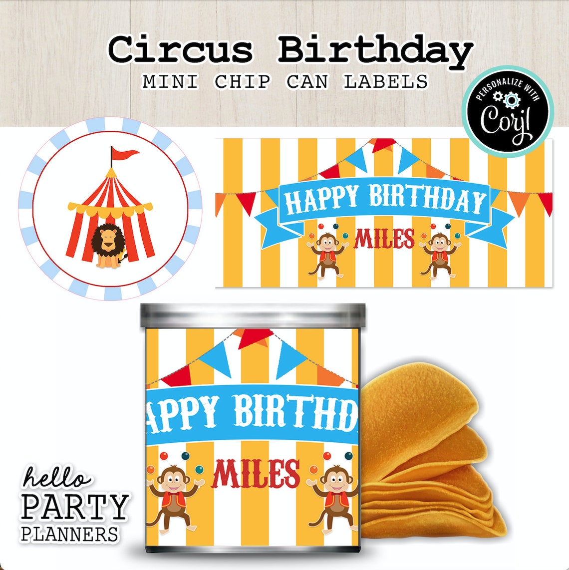 EDITABLE Circus Birthday Mini Chip Can Label Personalized - Etsy