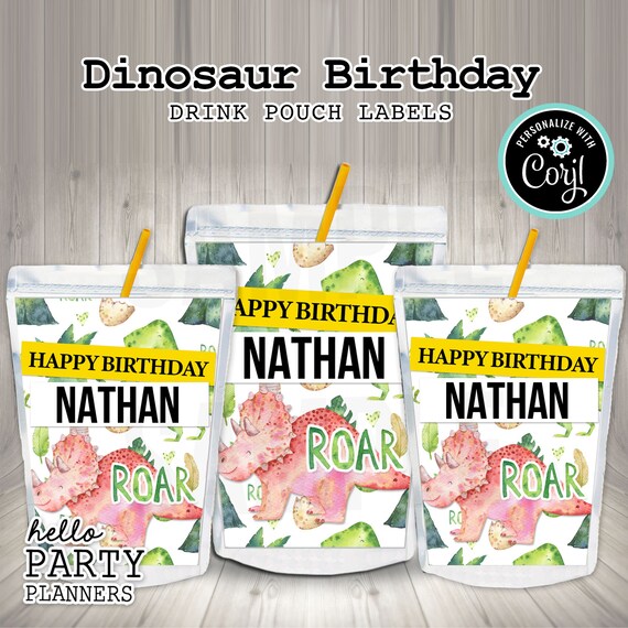EDITABLE Dinosaur Birthday Fruit Juice Pouch Label - Etsy