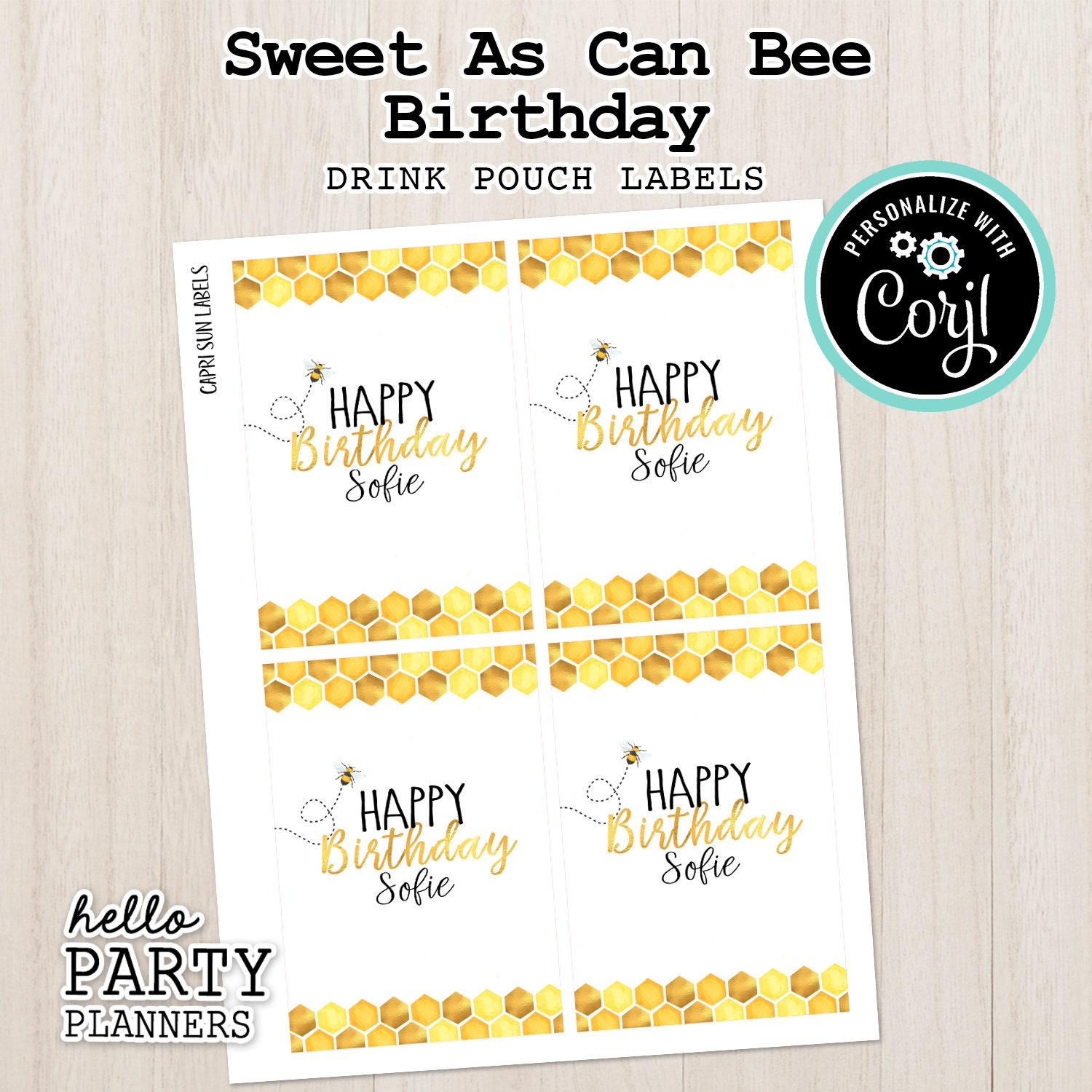 EDITABLE Sweet as Can Bee Birthday Fruit Juice Pouch Label ...