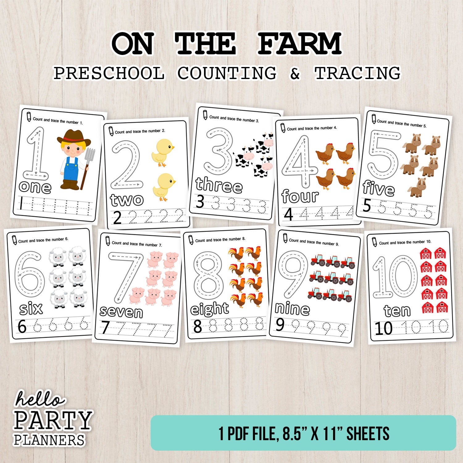 Farm Animal Counting & Tracing: Preschool Printable (PDF) - Etsy