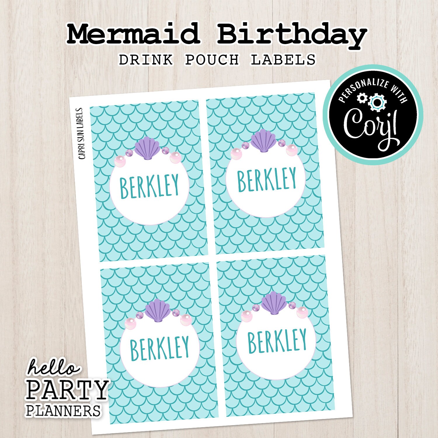 EDITABLE Mermaid Birthday Fruit Juice Pouch Label, Personalized Treat ...