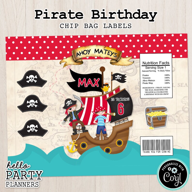 EDITABLE Pirate Birthday Chip Bag Labels, Personalized Chip Bag Label ...