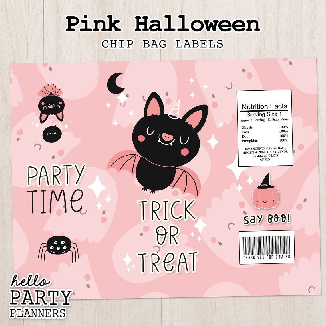 Halloween Pink Ghost Chip Bag Labels, Halloween Treat Label, Chip Bag ...
