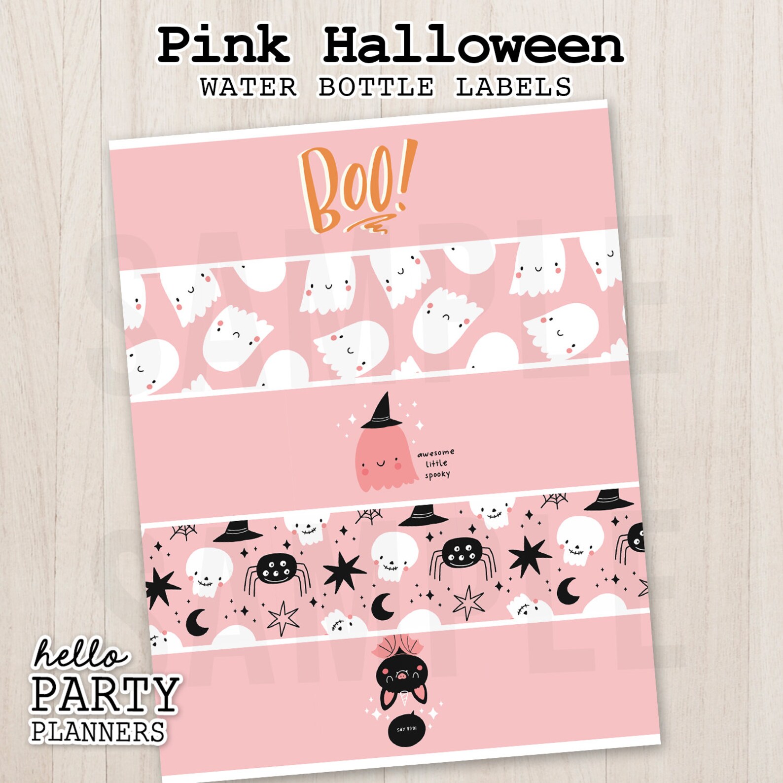 Halloween Pink Ghost Water Bottle Labels, Halloween Party, Water Bottle ...
