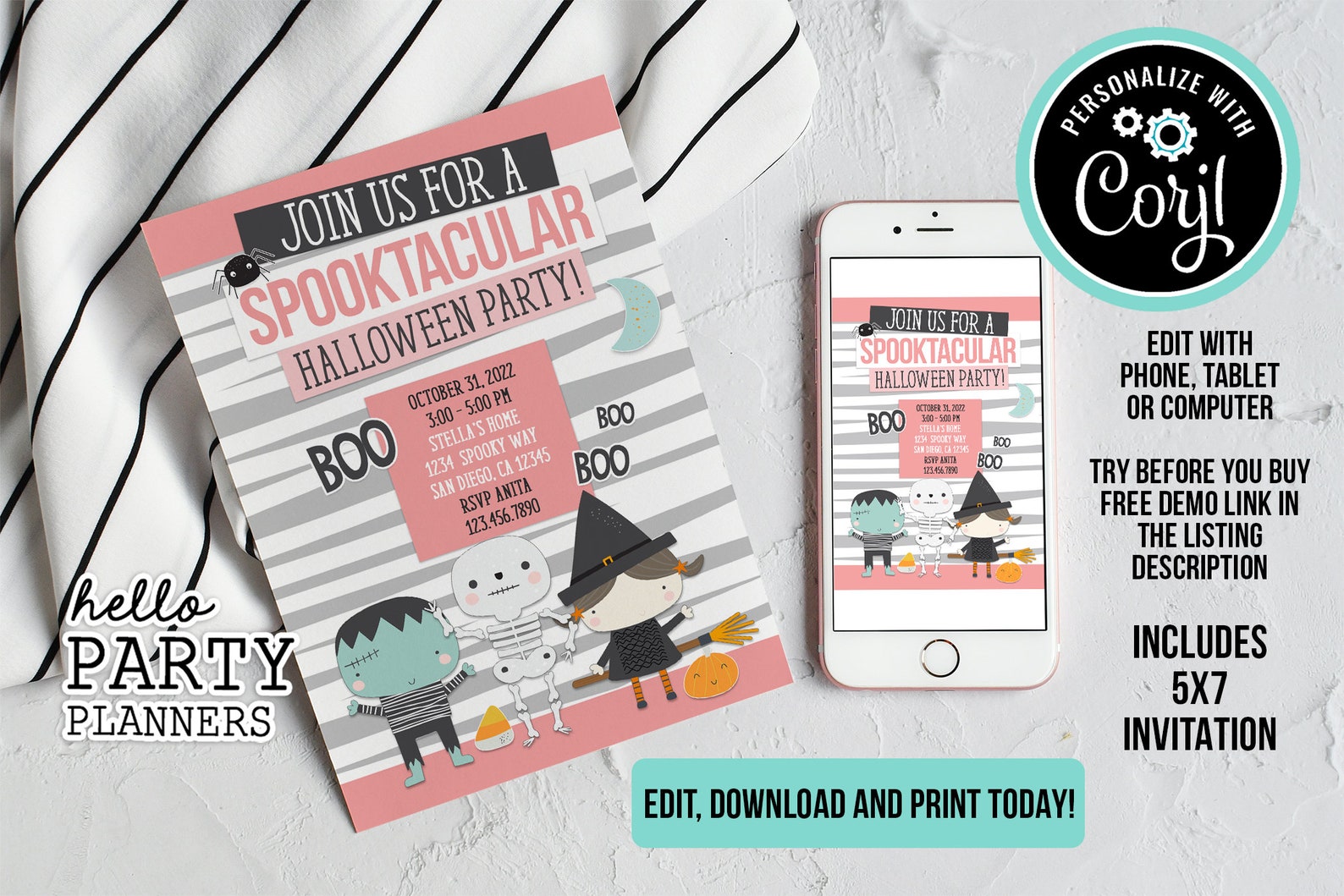 EDITABLE Halloween Party Invitation, Halloween Party Invite Pink ...