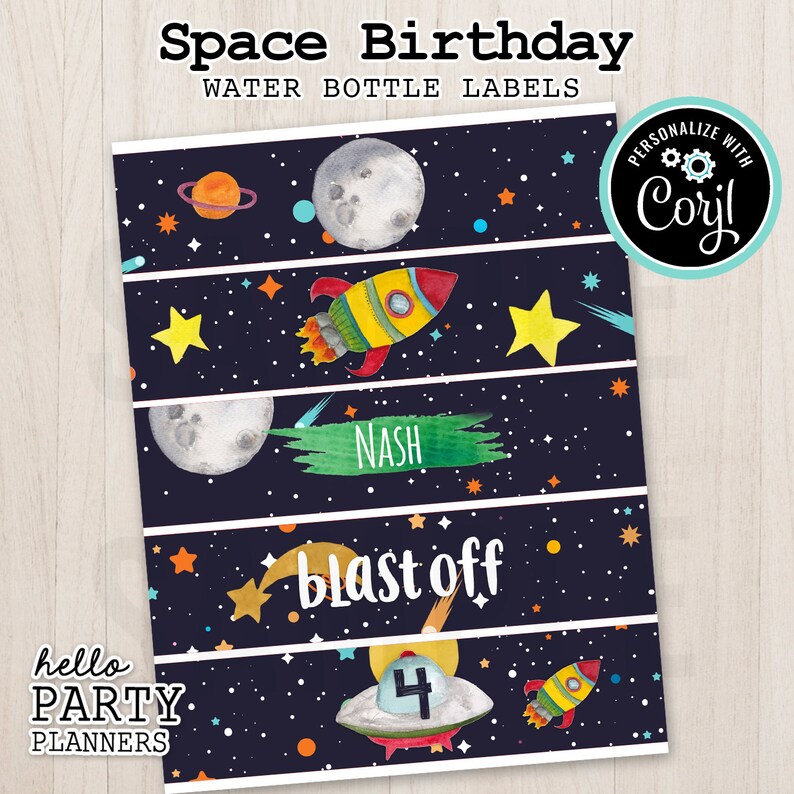 Space Birthday Water Bottle Labels: Editable Template (digital Download ...