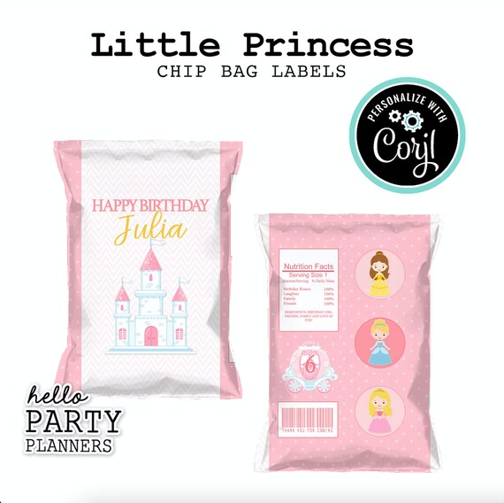 EDITABLE Princess Birthday Chip Bag Labels Personalized Chip - Etsy