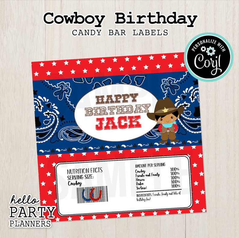 EDITABLE Cowboy Birthday Chocolate Bar Label, Personalized Treat Label ...