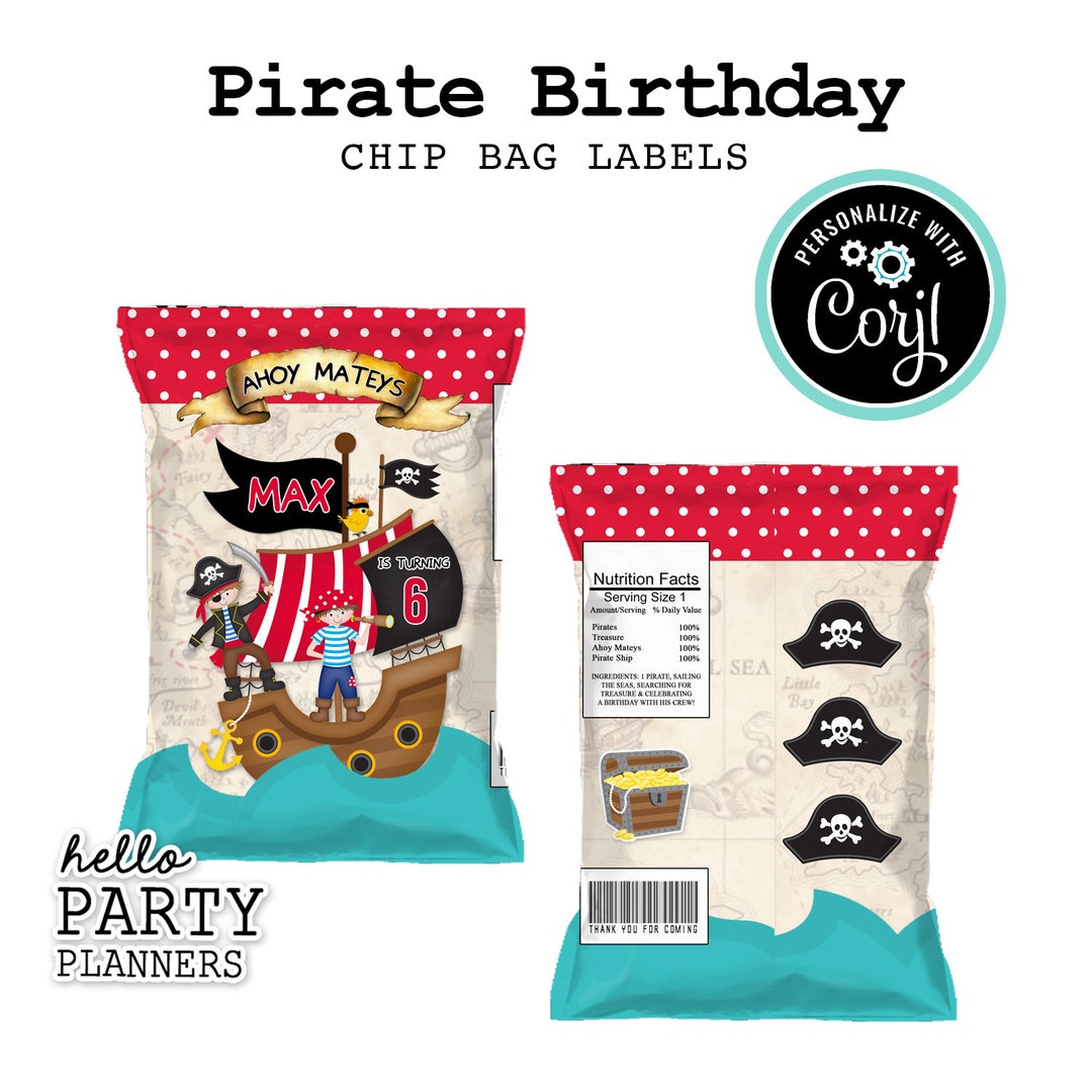Pirate Birthday Chip Bag Labels, Personalized Pirate Party Favor ...