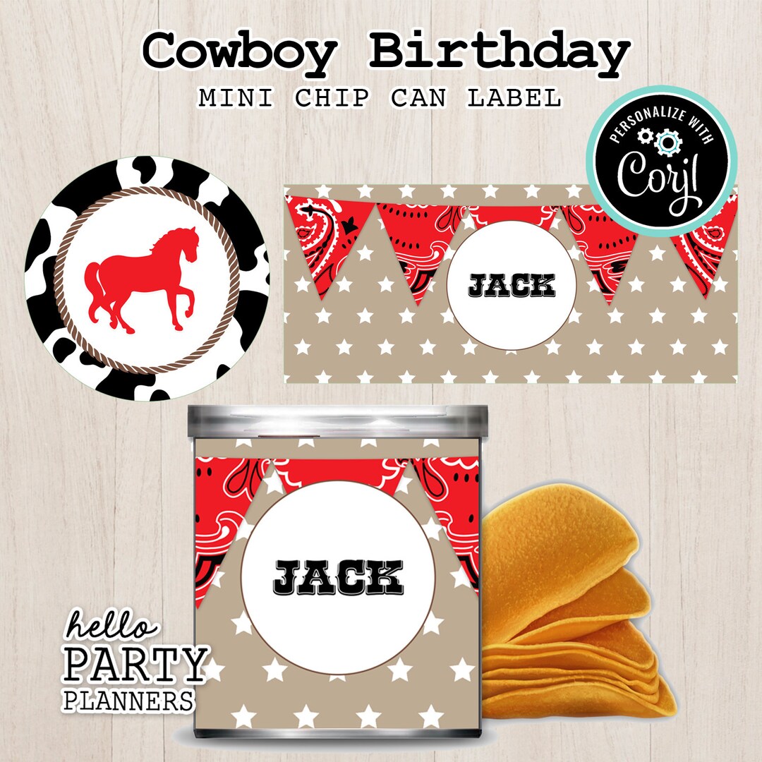 EDITABLE Cowboy Birthday Mini Chip Can Label, Personalized Treat Label ...