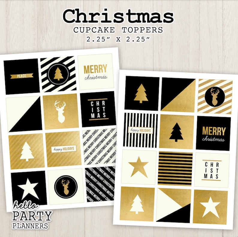 Christmas Cupcake Toppers, Christmas Party, Holiday Printable, Gold ...