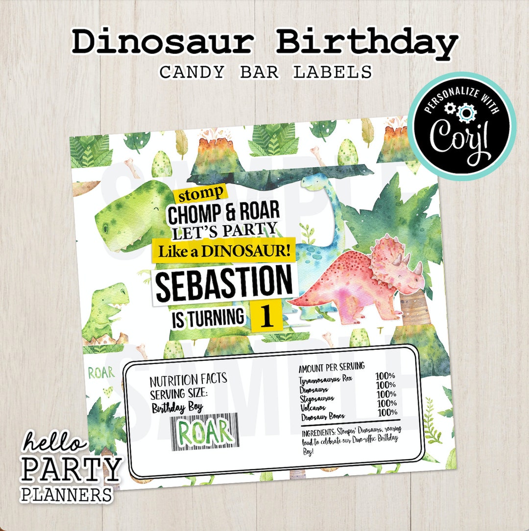 EDITABLE Dinosaur Birthday Chocolate Bar Label, Personalized Treat ...