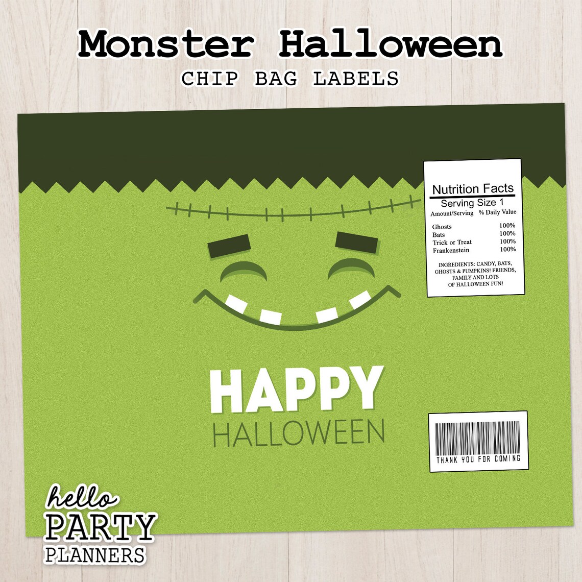 Halloween Chip Bag Labels, Frankenstein Treat Label, Chip Bag Label ...