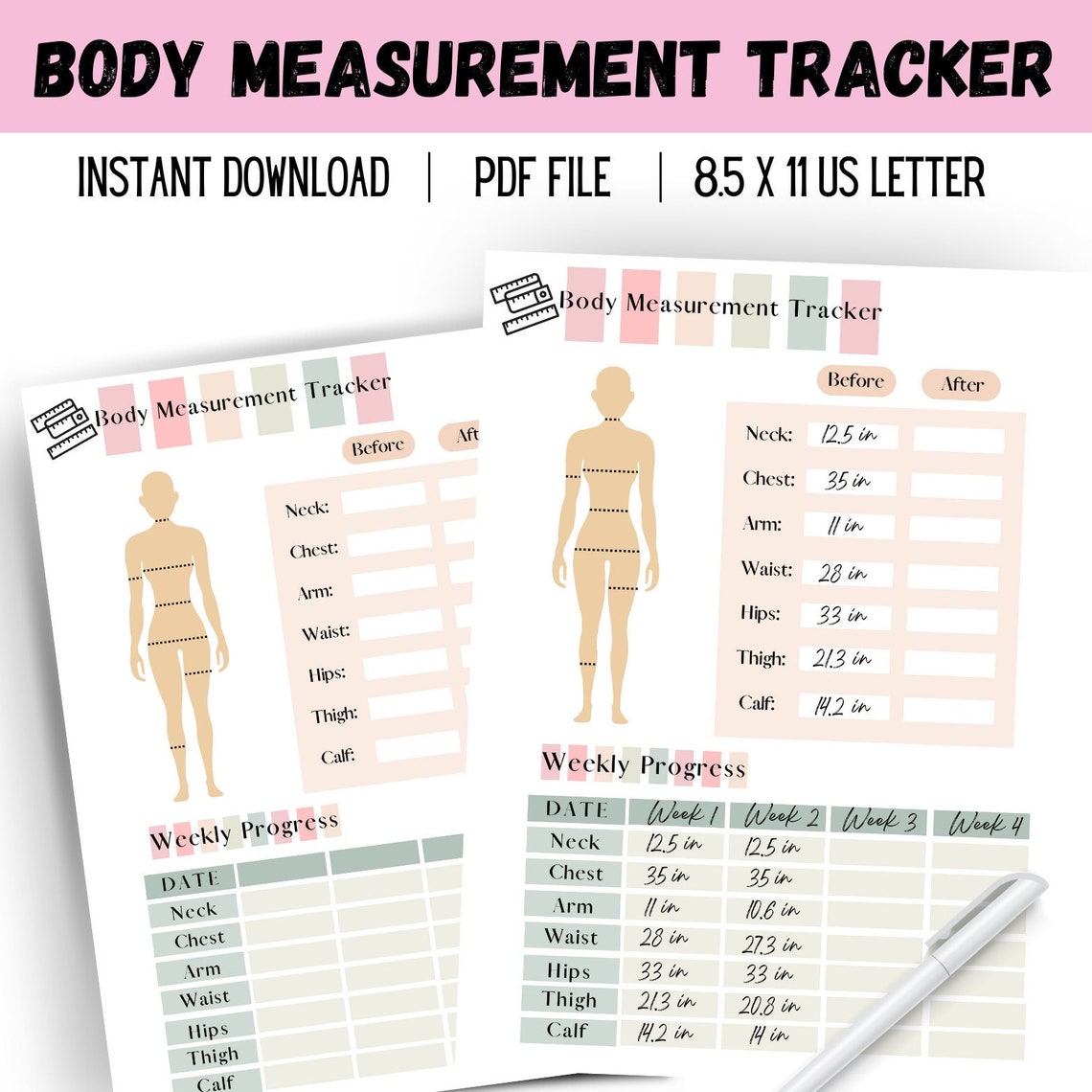 Body Measurement Tracker | Printable Body Measurement Chart | Weight ...