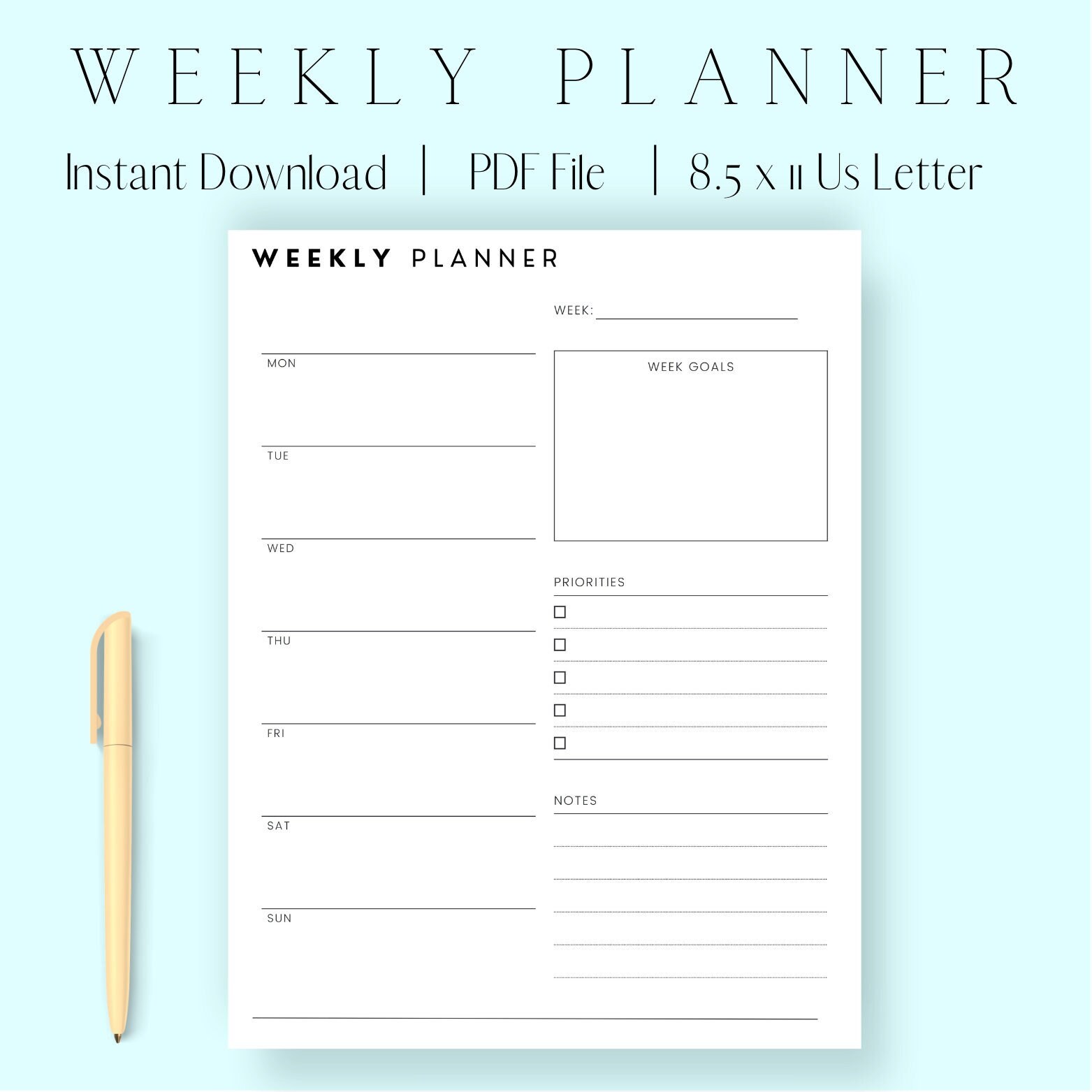 Weekly Planner Printable | Productivity Planner | Minimal Weekly ...