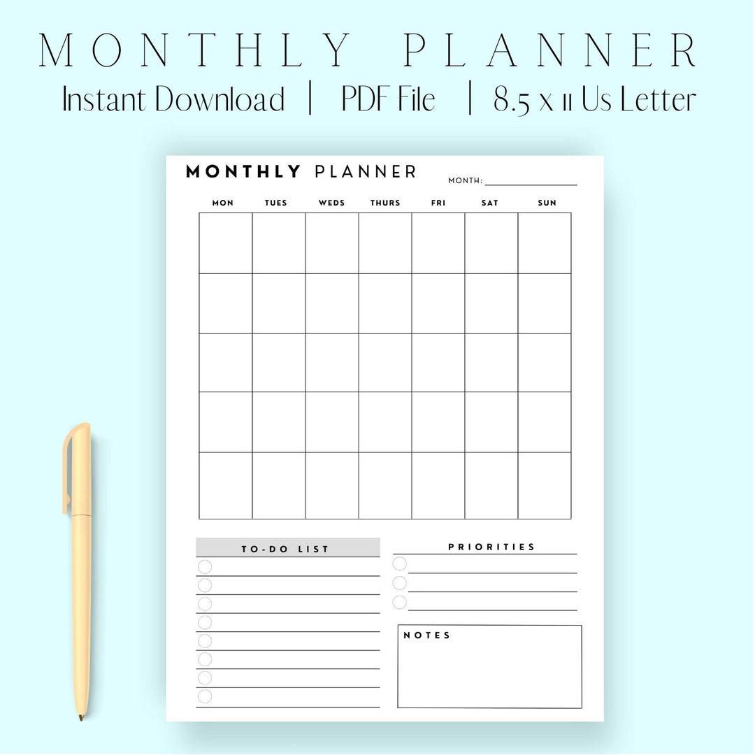Monthly Planner Printable | Productivity Planner | Minimal Weekly ...