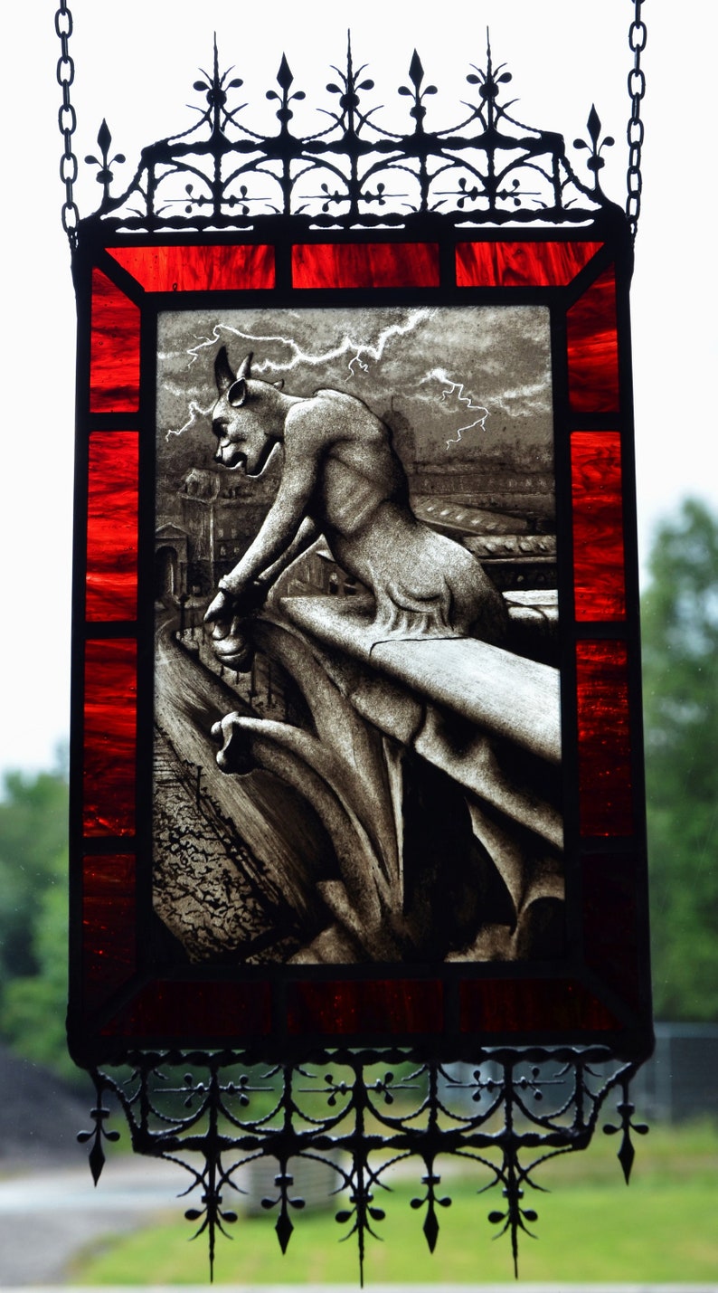 Hand-painted Notre Dame Gargoyle Stained Glass Panel: Gothic Window ...