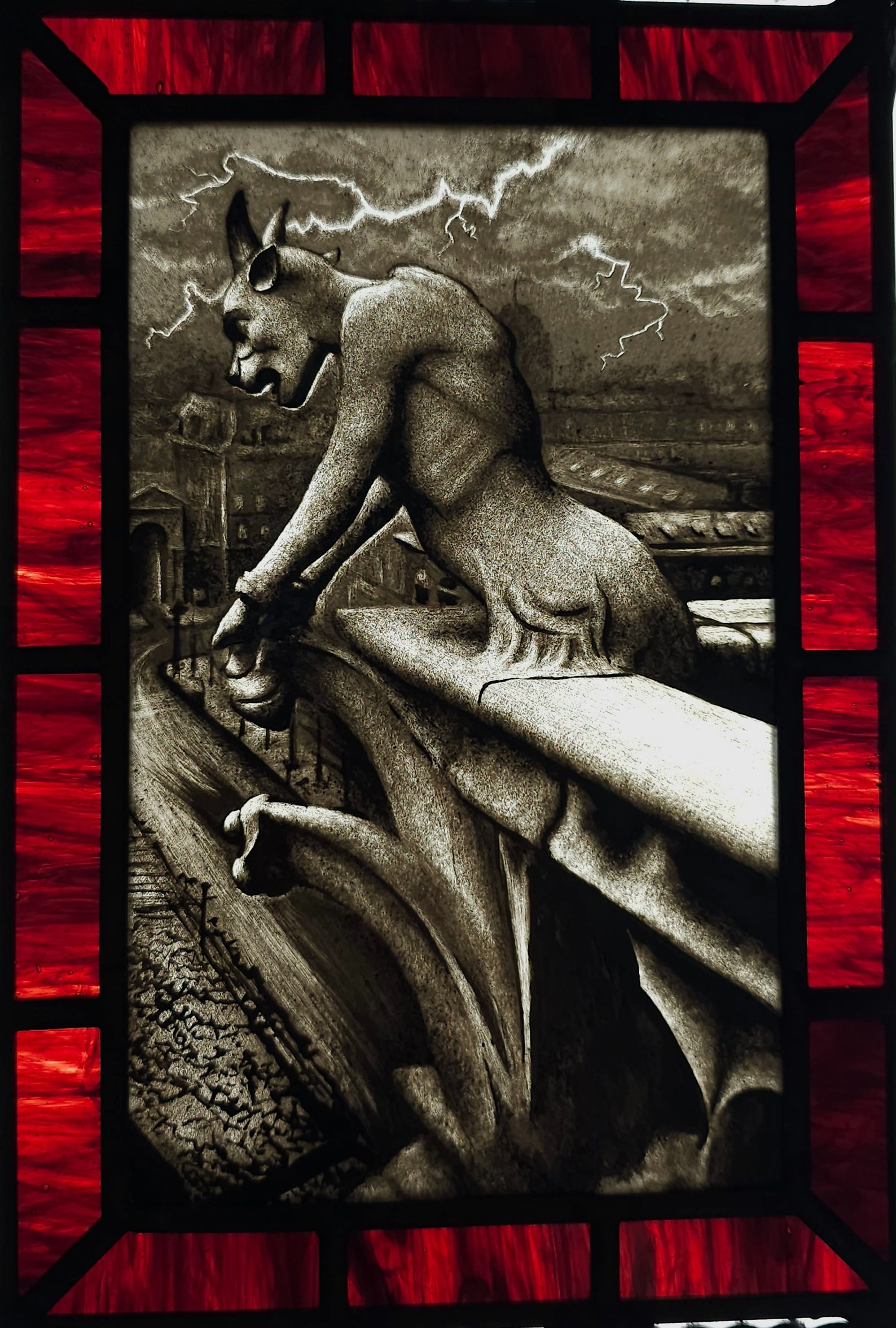 Hand-painted Notre Dame Gargoyle Stained Glass Panel: Gothic Window ...