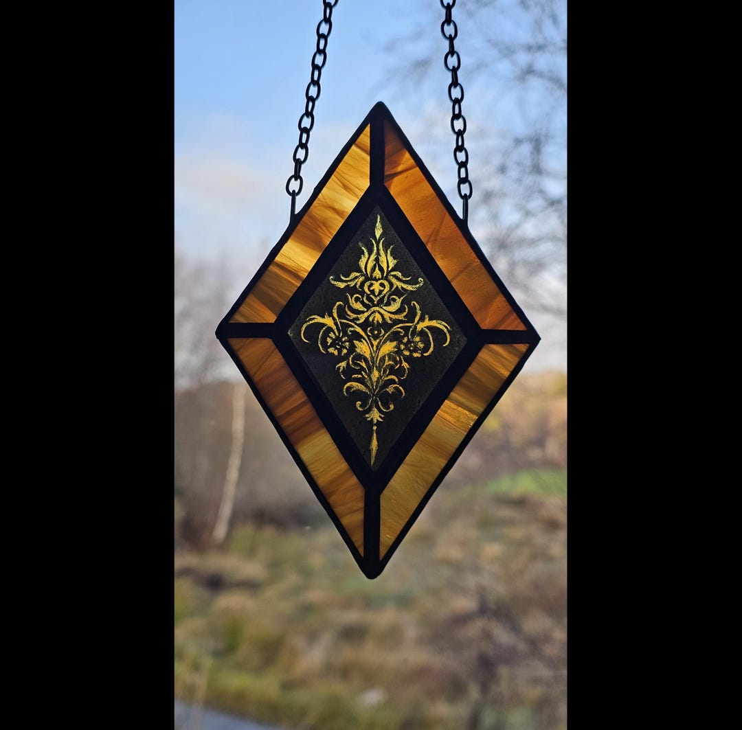 Stained Glass Suncatcher. Hand-painted, Kiln-fired Diamond-shaped Glass ...