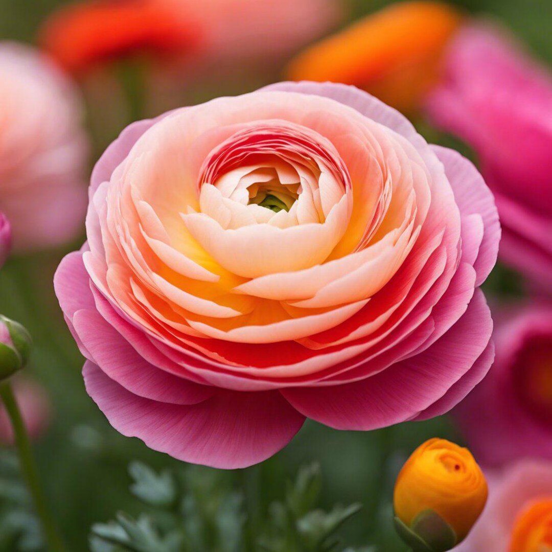 1 Italian Ranunculus Bulb, Orange, Pink, Gold Ombre Flower Plant Lawn ...