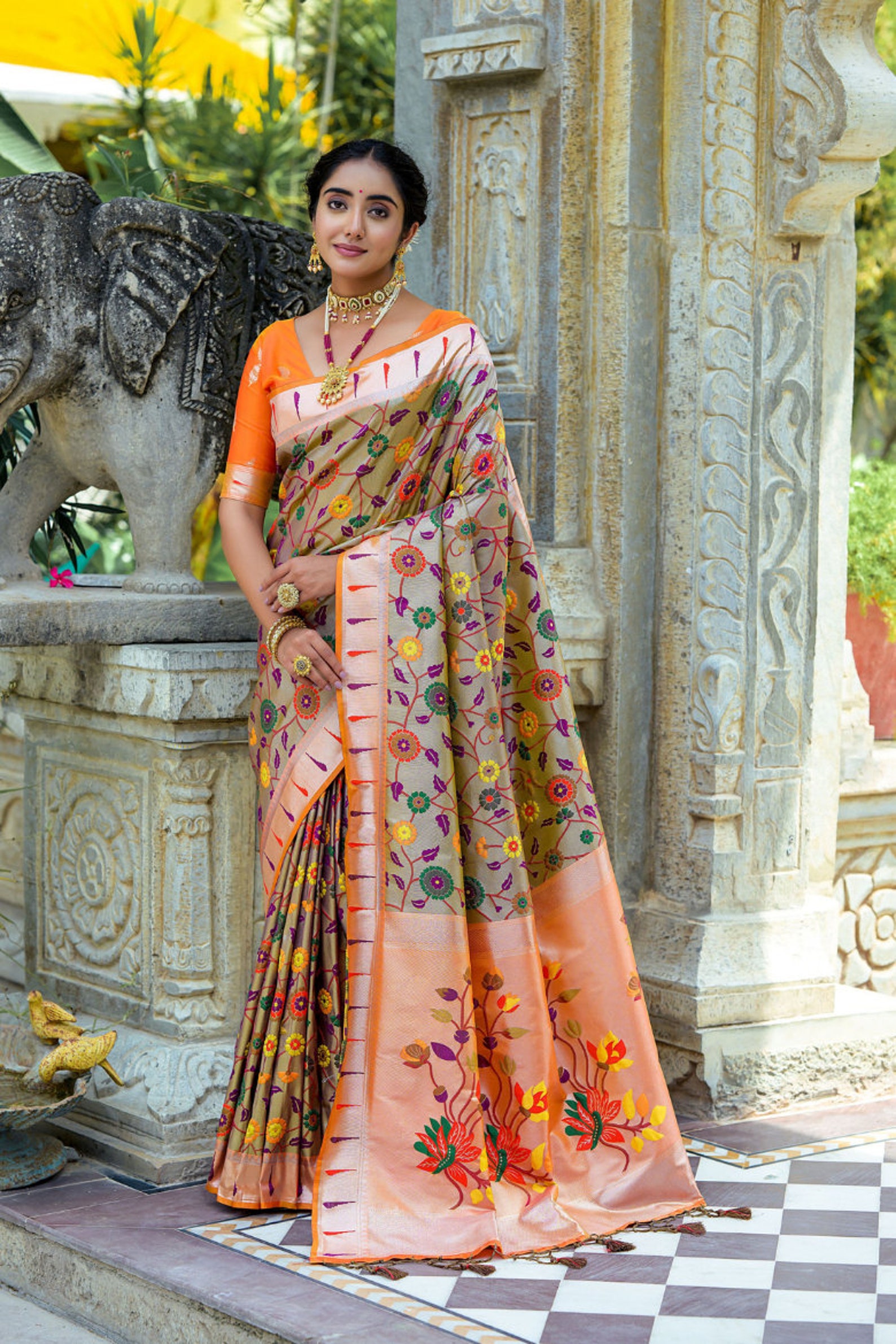 Soft Banarasi Silk Paithani Saree With All Over Floral Zari and Meena ...