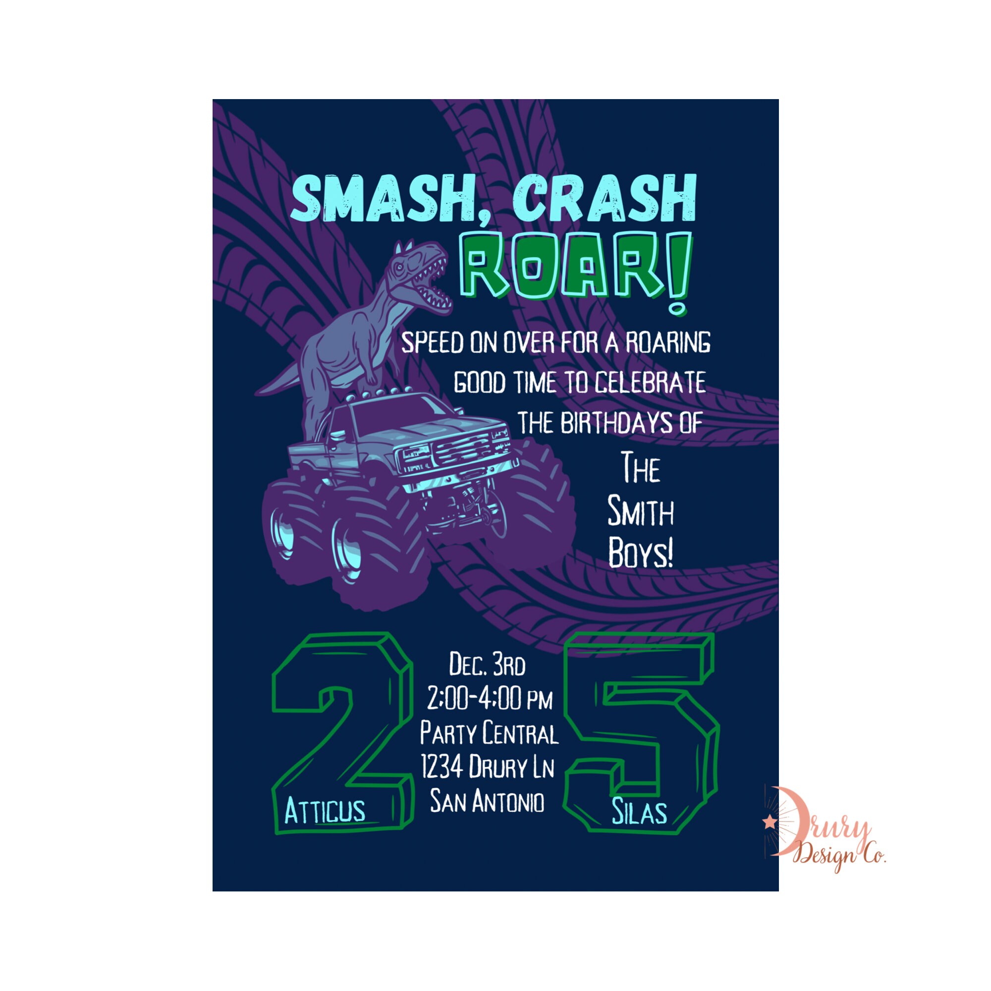 Smash Crash Roar Double Birthday Customizable Invitation - Etsy