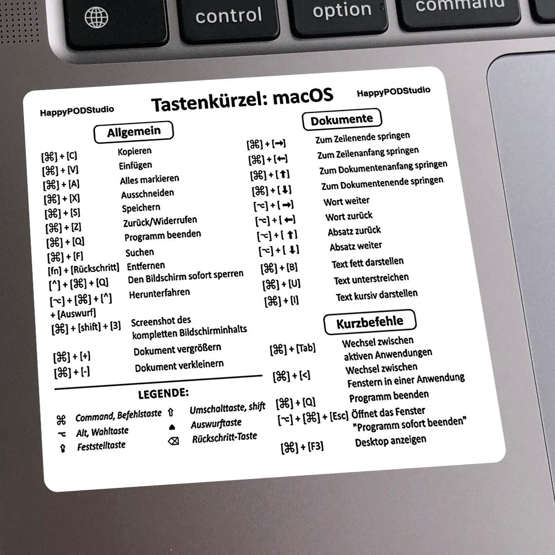 German Mac OS Keyboard Shortcuts Sticker - Quick Reference Guide ...
