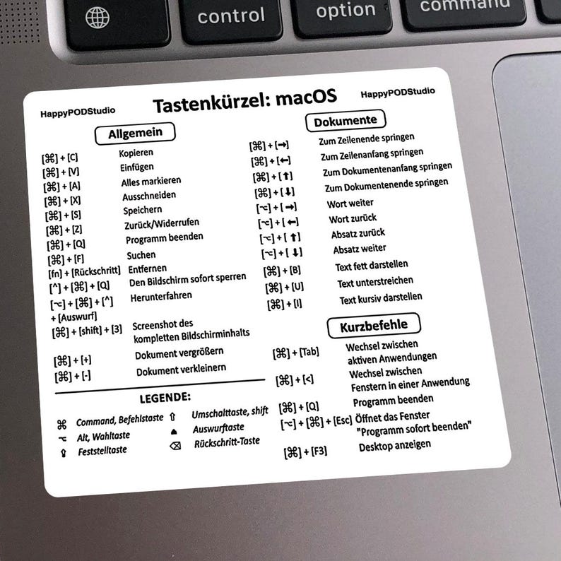 German Mac OS Keyboard Shortcuts Sticker - Quick Reference Guide ...