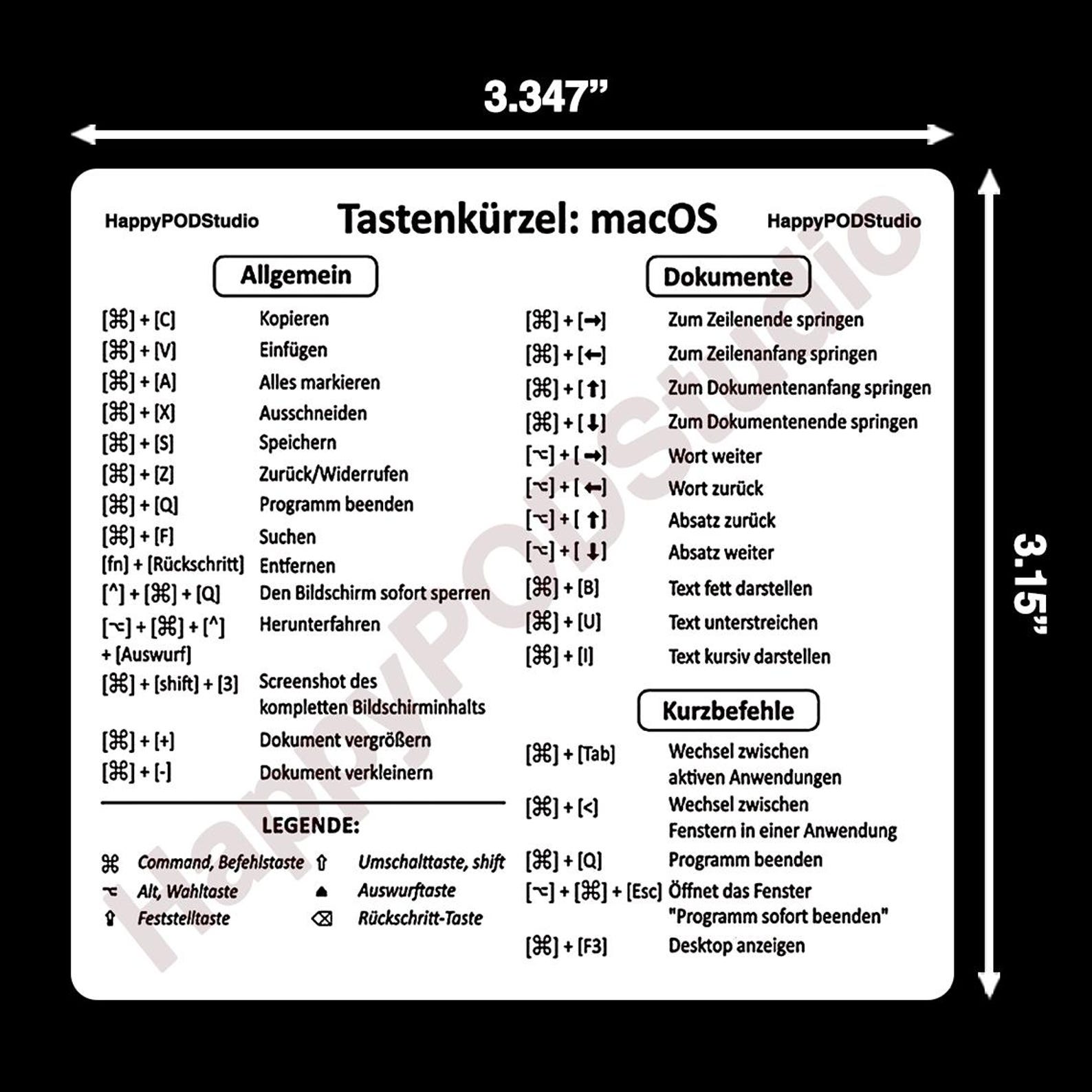 German Mac OS Keyboard Shortcuts Sticker - Quick Reference Guide ...