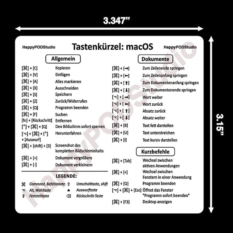 German Mac OS Keyboard Shortcuts Sticker - Quick Reference Guide ...