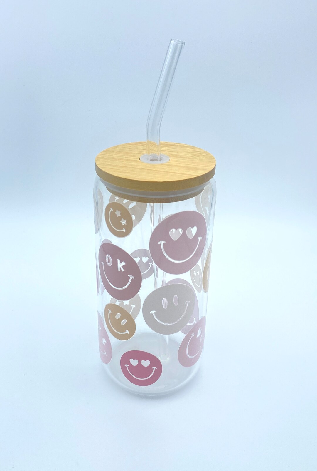 Happy Smiley Face Libbey Glass Cup 16oz With Bamboo Lid and Glass Straw ...