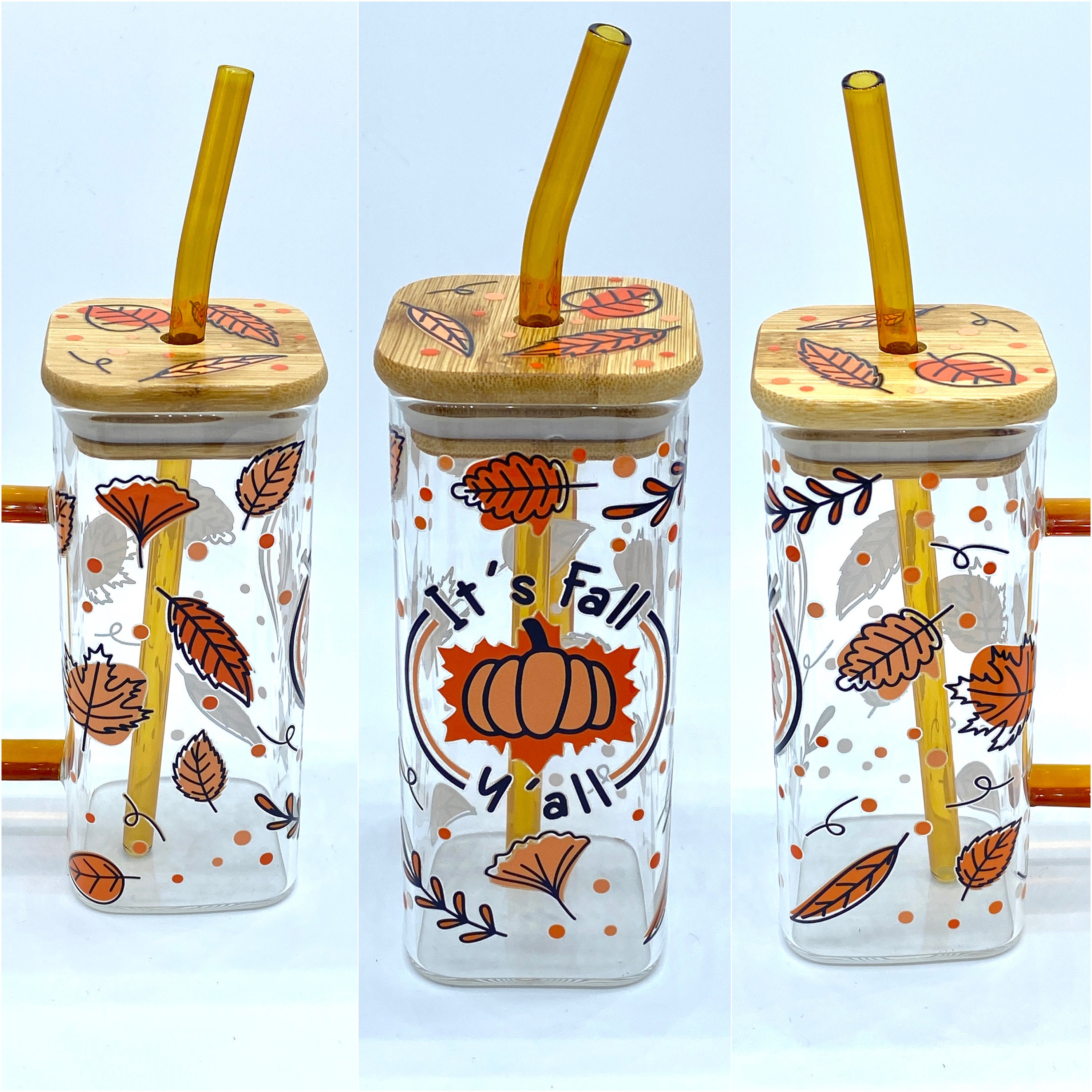 It's Fall Y'all 13.5oz Amber Square Glass With Lid and Straw Autumn ...