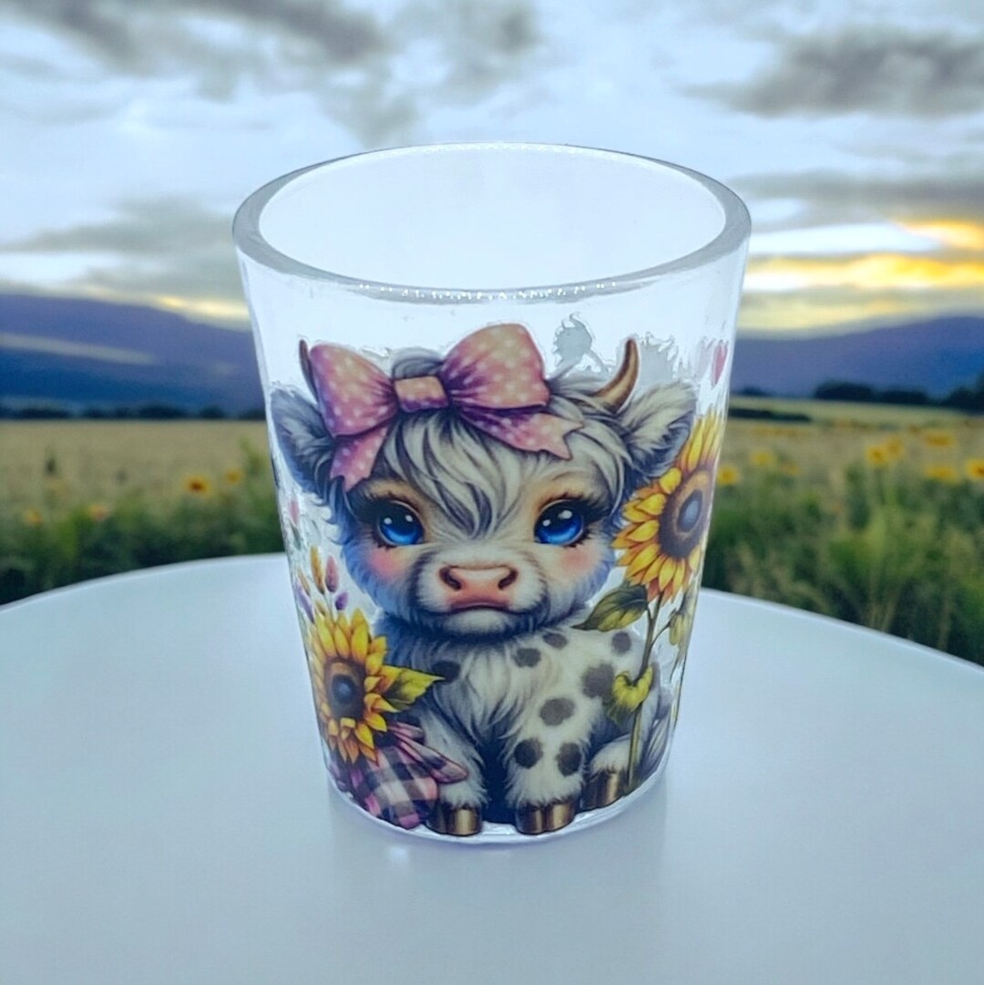 Sunflower Highland Cow Shot Glass, Floral Highland Cow Shot Glass, Cute ...