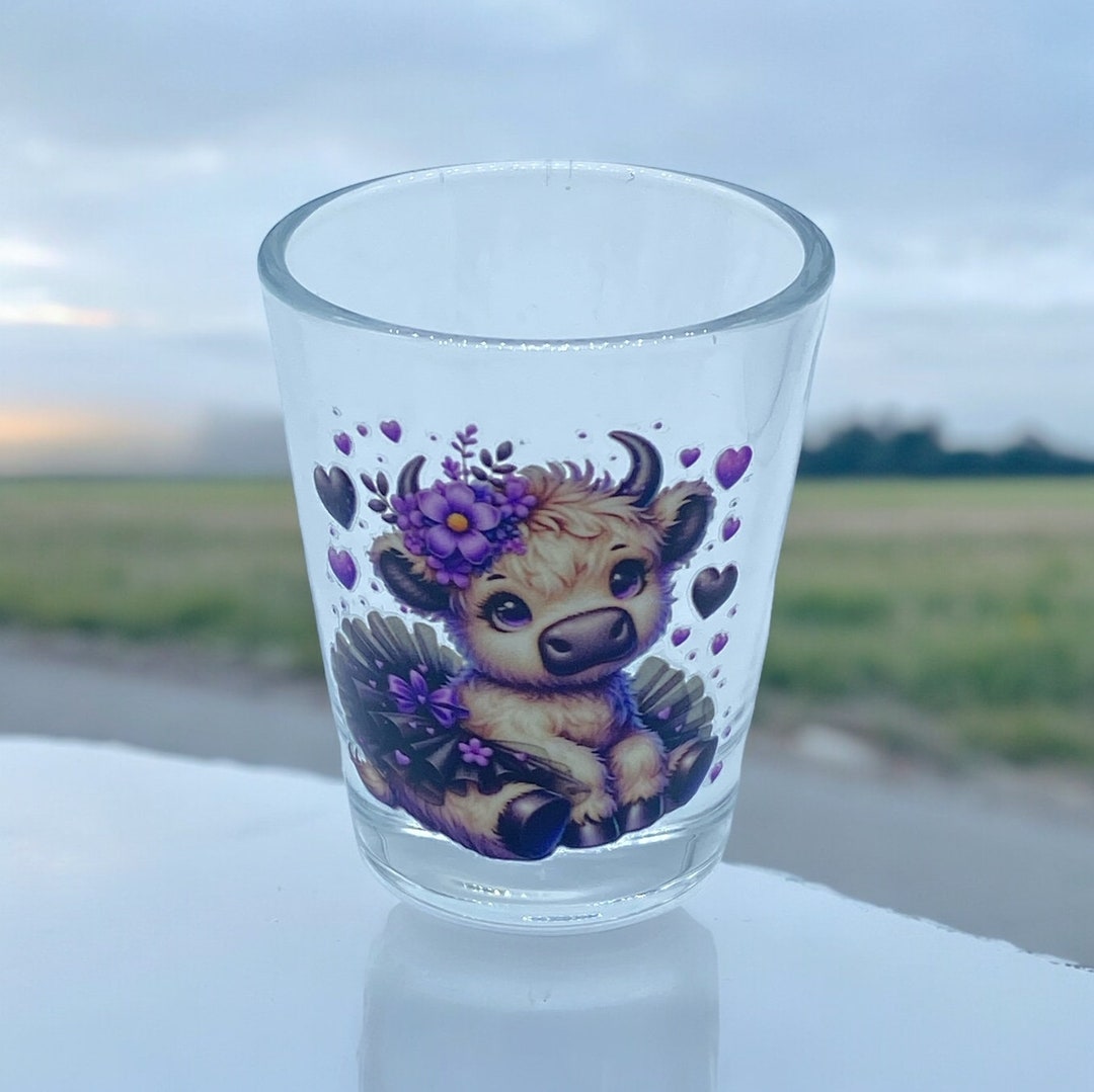 White With Purple Higland Cow Shot Glass, Cute Floral Highland Cow ...