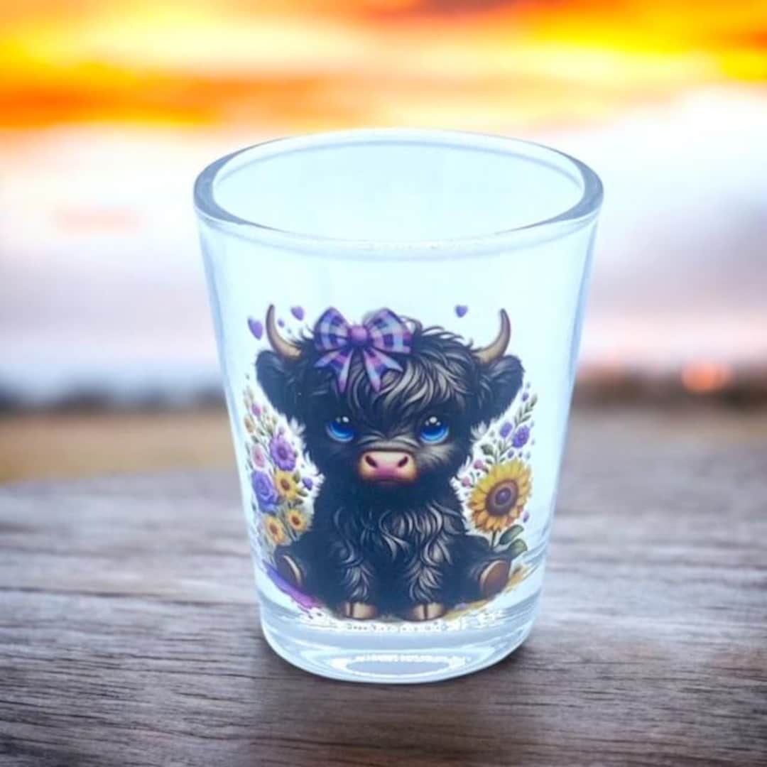 Highland Cow Black in Flowers Shot Glass Clear Sunflower Shot Glass Cow ...