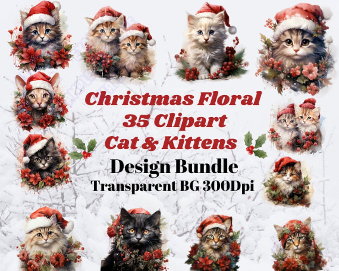 Christmas Cats Watercolor Clipart Bundle, Festive Cat Images, Cat ...