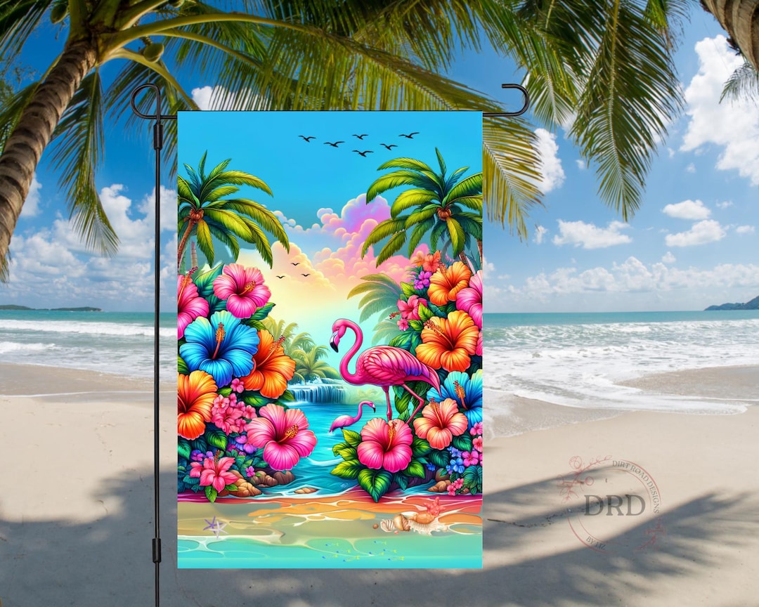 Tropical Pink Flamingo Garden Flag Sublimation Design, Summer Beach ...