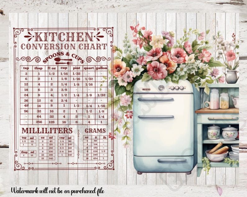 Kitchen Conversion Chart Cutting Board PNG, Retro Farmhouse Kitchen ...