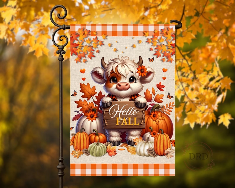 Hello Fall Highland Cow Garden Flag PNG, Cute Buffalo Plaid Pumpkin ...