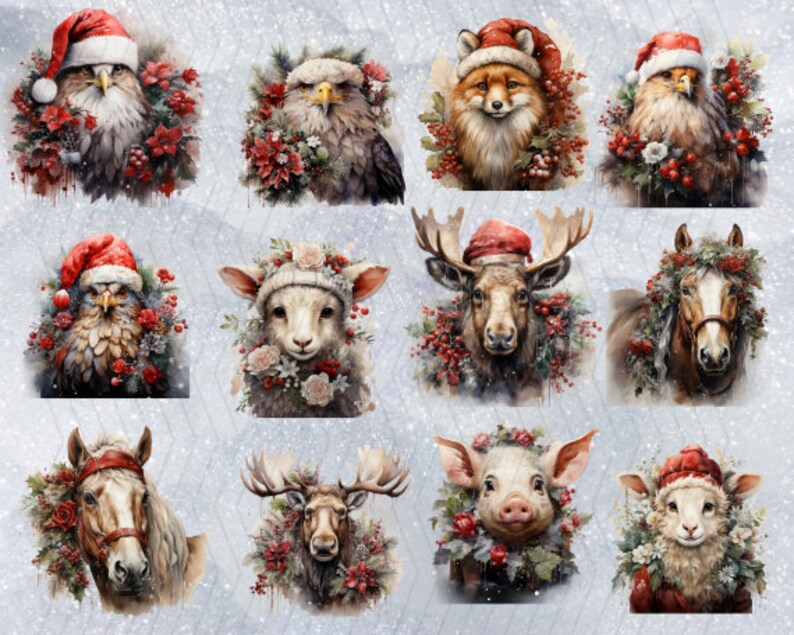 Christmas Clipart Animal Collection Watercolor Christmas Png - Etsy