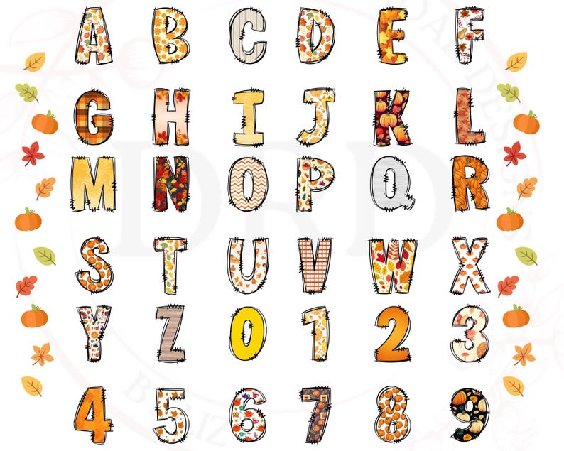 Fall Alpha Doodle Letters PNG Bundle, Autumn Sublimation Alphabet ...